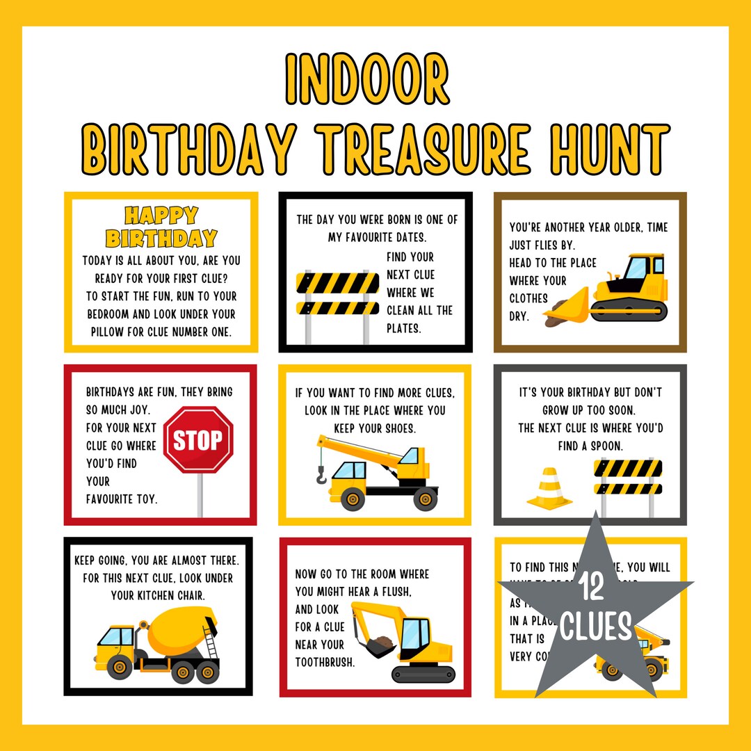 Construction Birthday Scavenger Hunt for Kids, Indoor Treasure Hunt ...