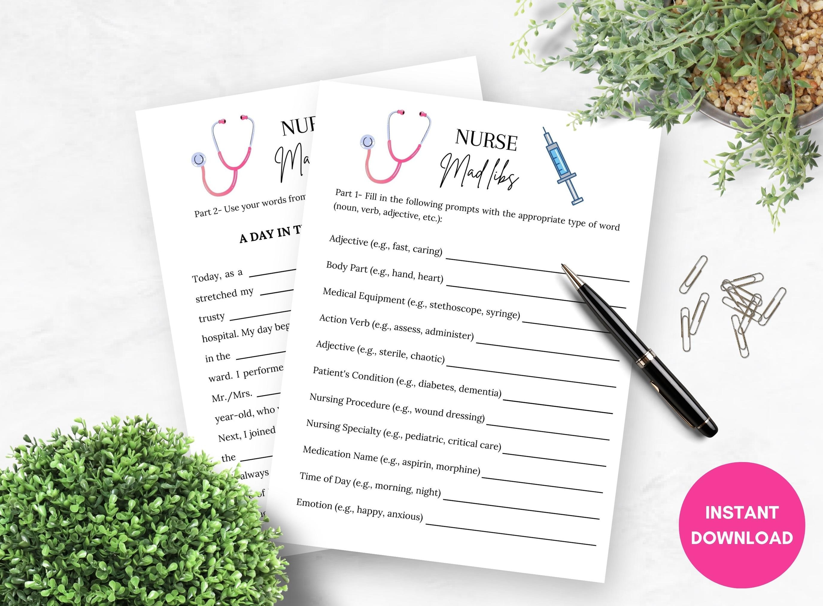 Printable Nurse Fill in the Blanks Fun Game, Nursing Theme, Fun ...
