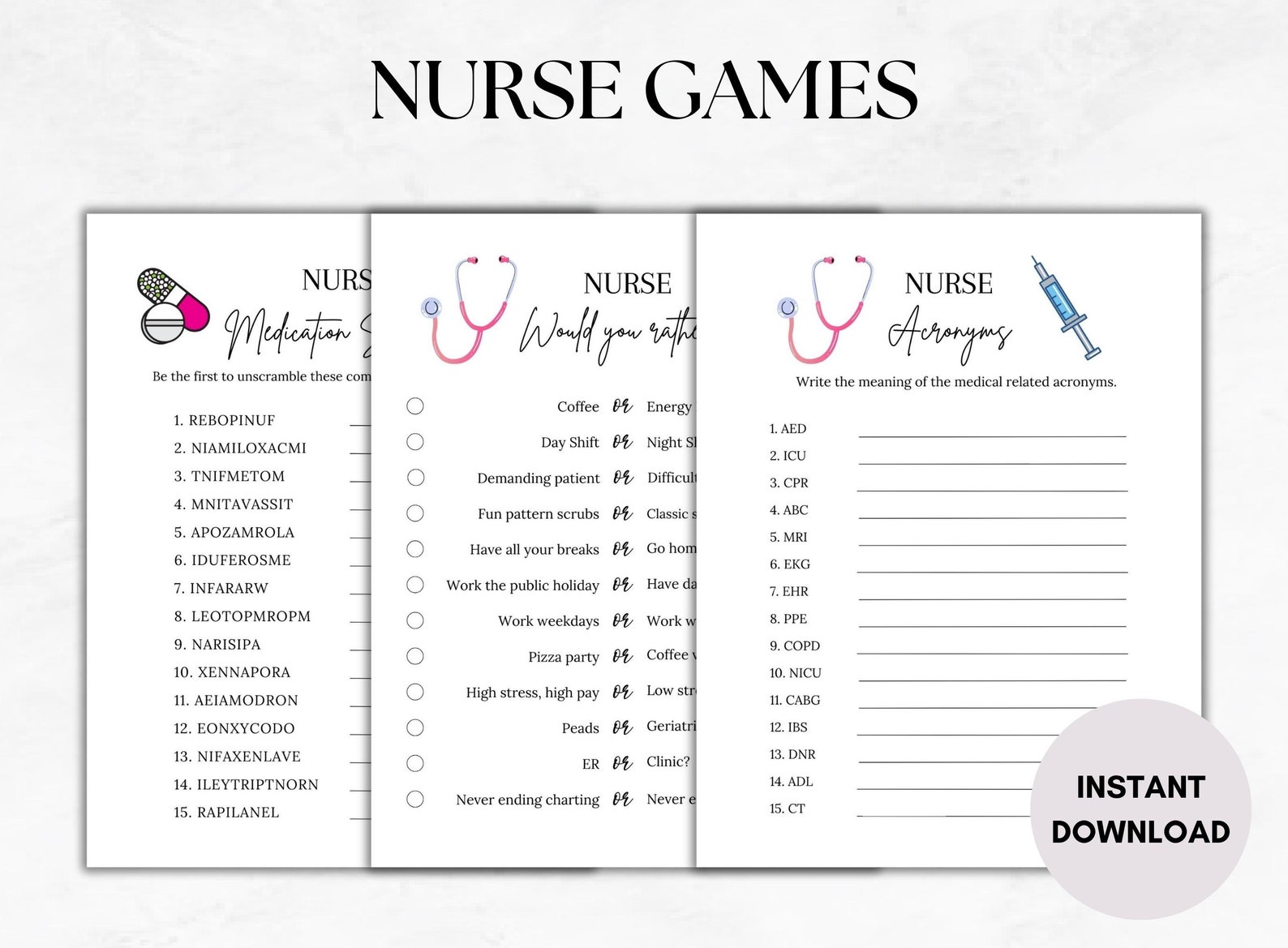 15 Printable Nurse Party Games, Nursing Theme, Fun Graduation Games ...