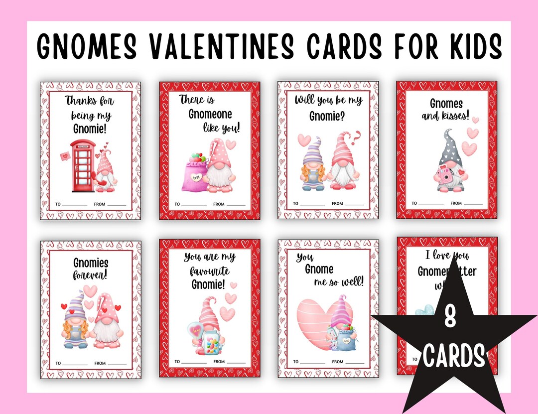 Gnomes Valentines, Printable Valentine Day Cards for Kids, Coloring ...