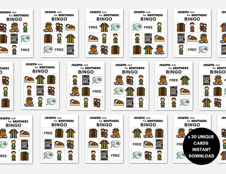 Joseph and His Brothers, 30 Bible Story Bingo Cards, Printable Sunday ...
