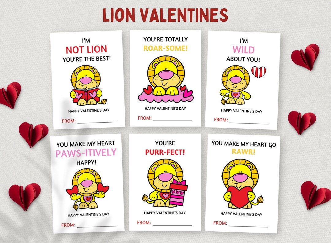Lion Valentine, Printable Classroom Valentines, Student Gift Tags, Kids ...