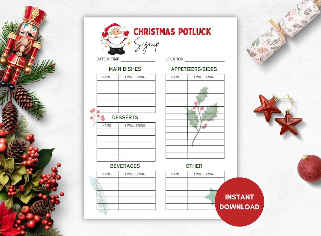 Christmas Potluck Signup Sheet, Printable Holiday Potluck, Family Feast ...