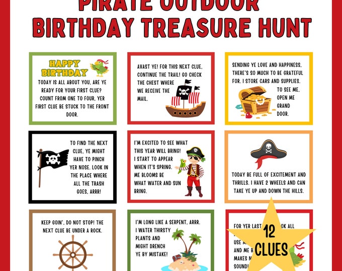 Pirate Birthday Treasure Hunt for Kids, Outdoor Scavenger Hunt Clues ...