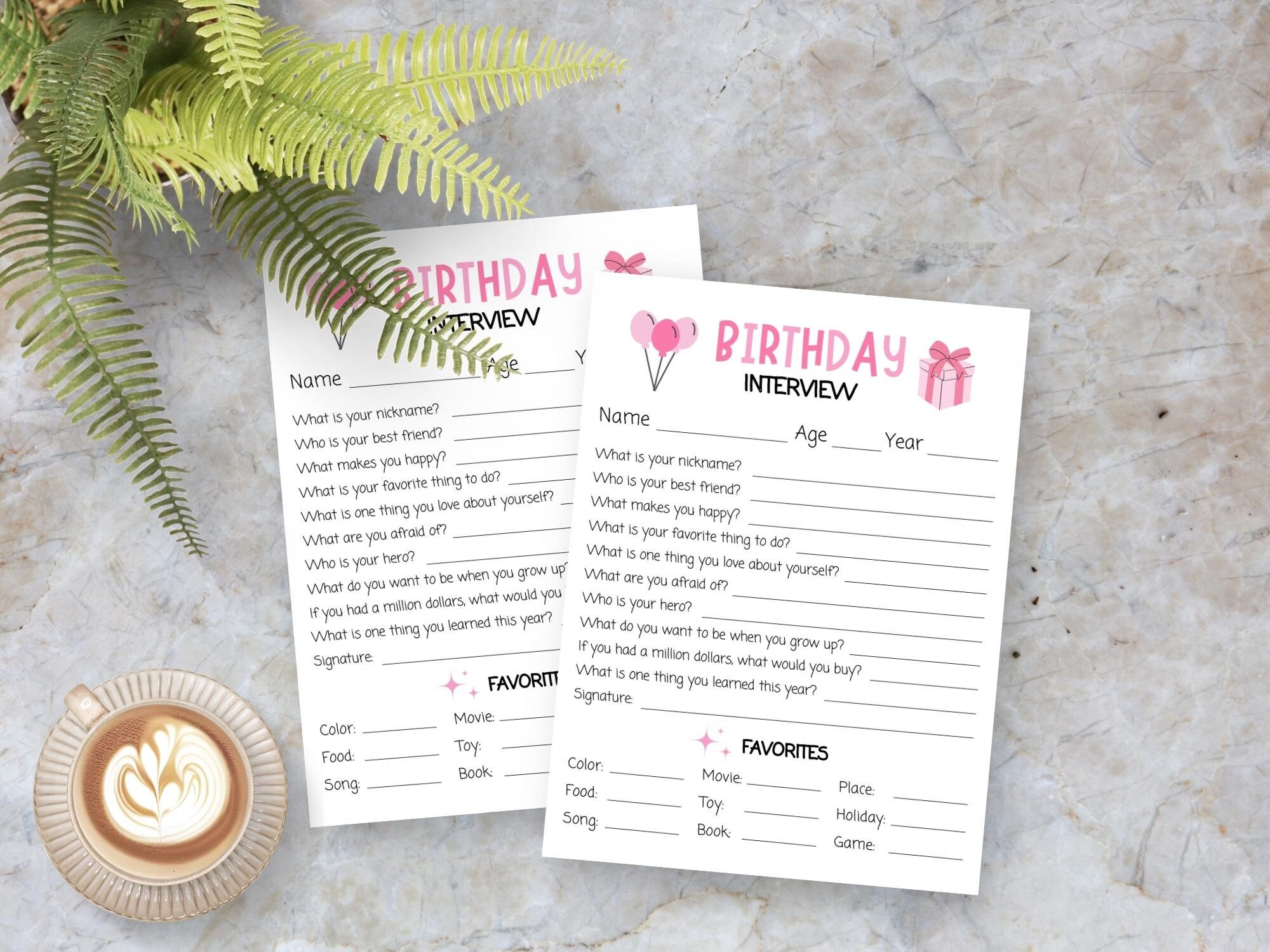 Pink Kids Birthday Interview, All About Me, Annual Interview Questions ...