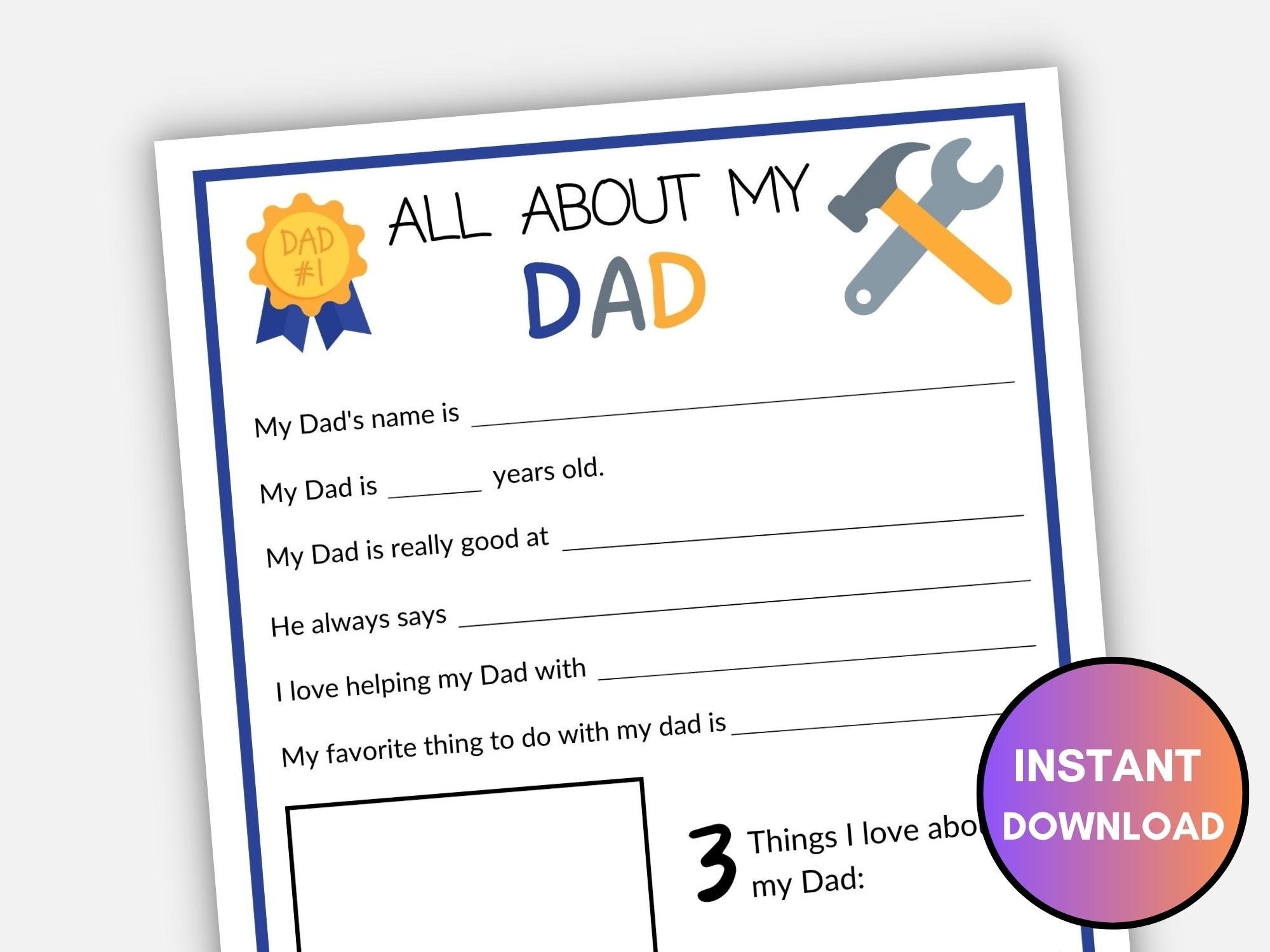 All About My Dad Printable, Fill in the Blank Fathers Day Card, Dad ...