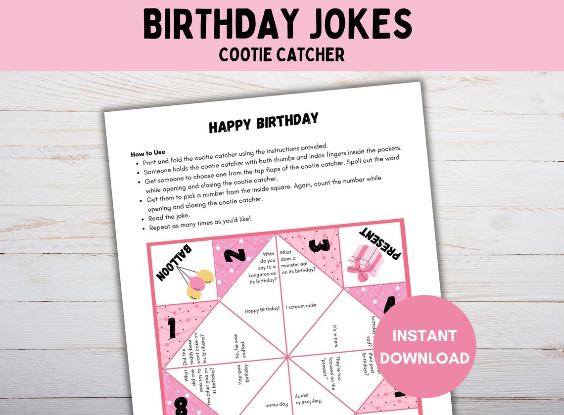 Birthday Jokes Cootie Catcher, Printable Paper Craft, Funny Fortune ...