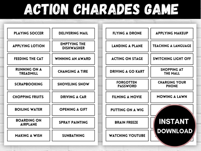 Printable Charades Game 70 Fun Words And Actions Charades Charades Printable Charades Game 70 Fun Words And Actions Charades Charades