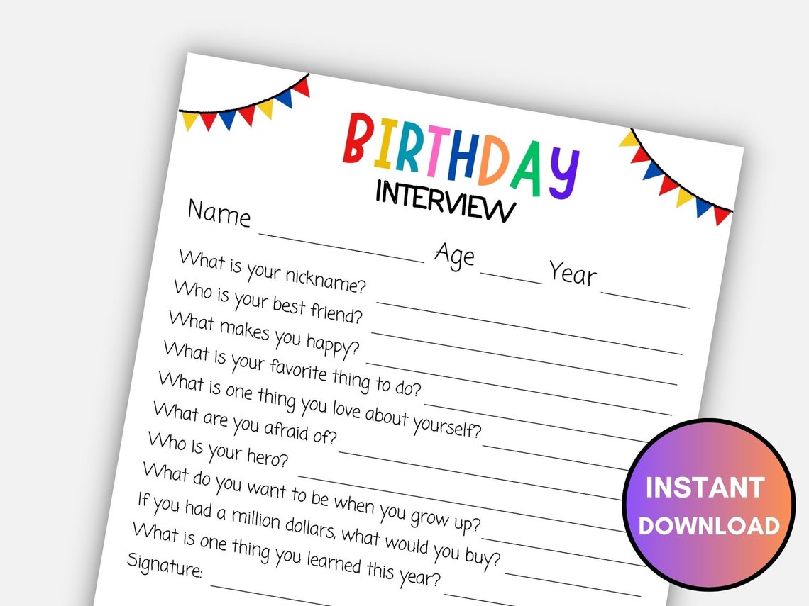 Printable Kids Birthday Interview, All About Me Questionnaire, Annual ...