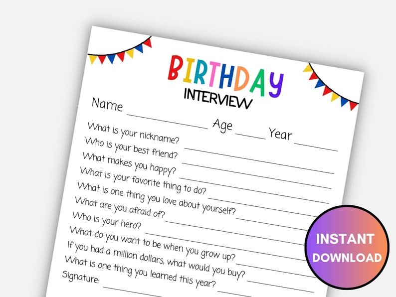Printable Kids Birthday Interview, All About Me Questionnaire, Annual ...