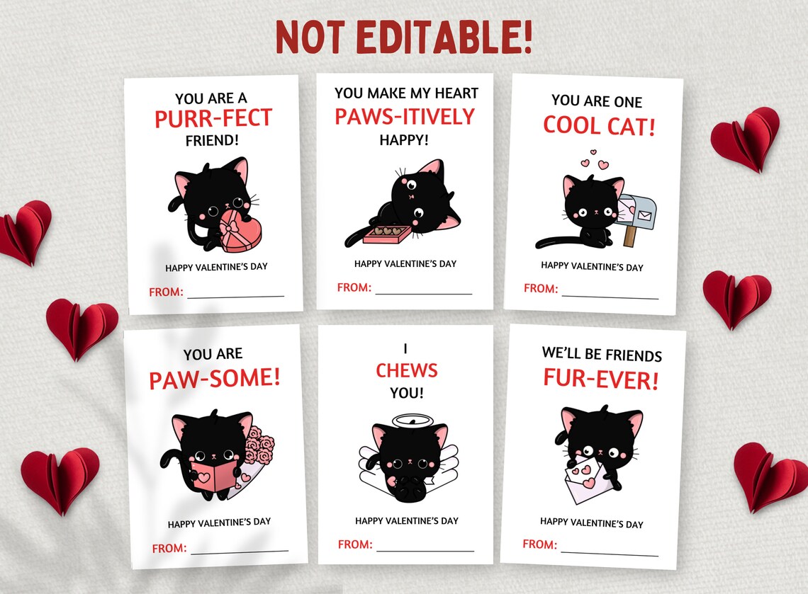 Black Cat Valentines, Fun School Valentine Gift Tags, Kids Classroom ...