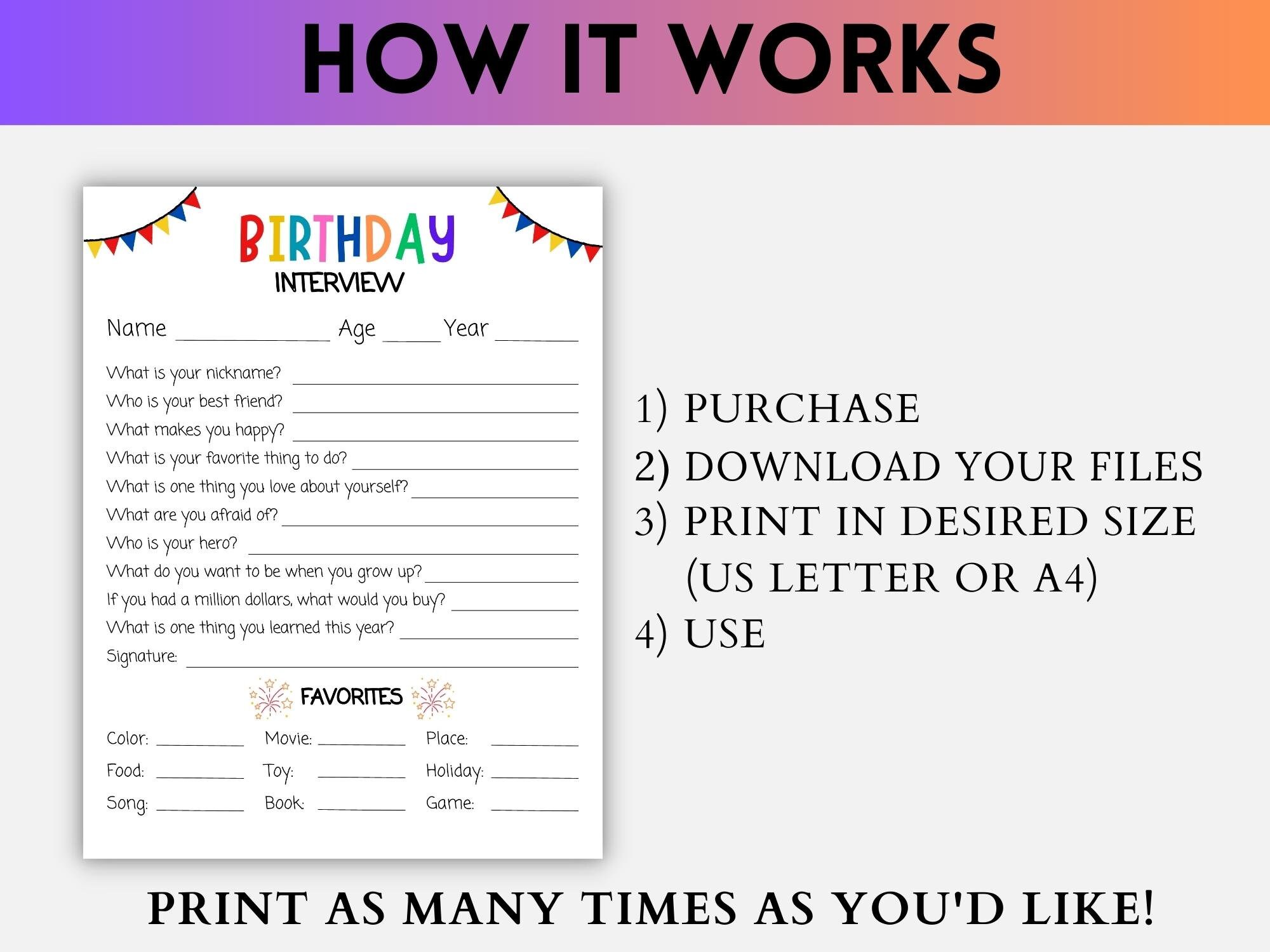 Printable Kids Birthday Interview, All About Me Questionnaire, Annual ...