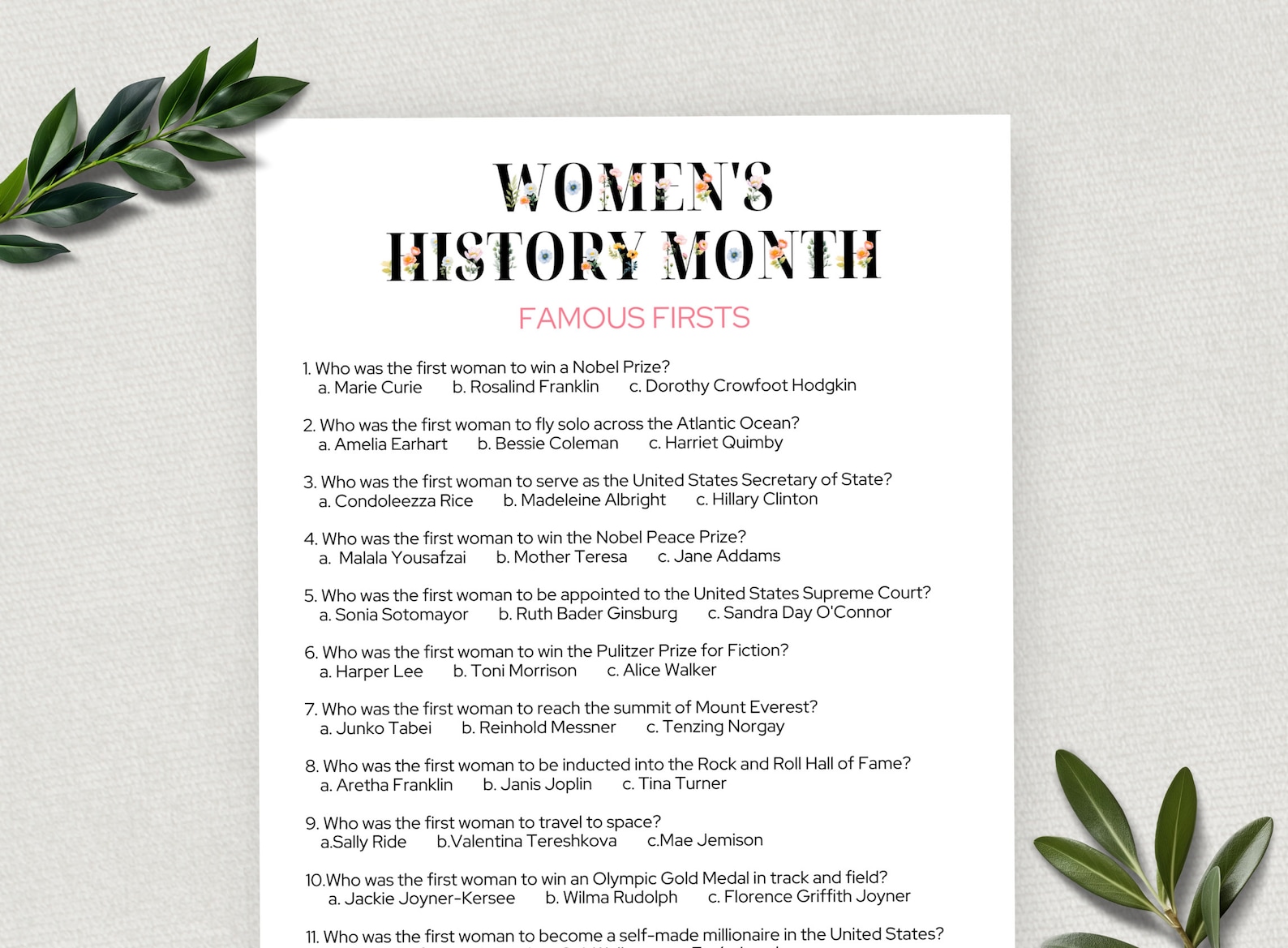 Women's History Month Famous Firsts Game, Printable International Women ...