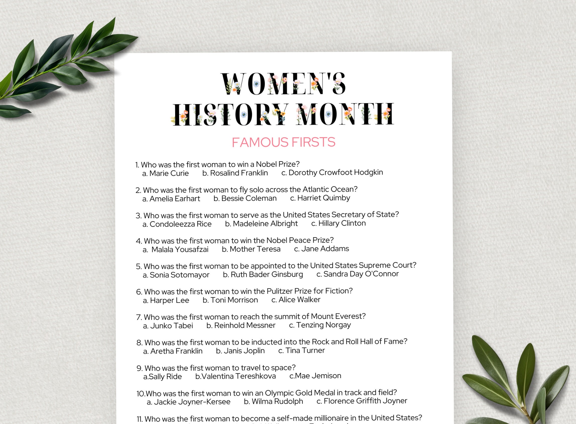 Women's History Month Famous Firsts Game, Printable International Women ...