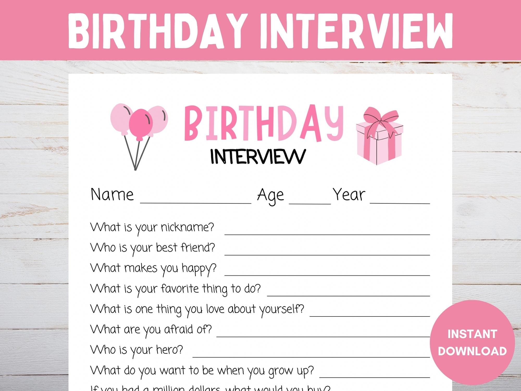 Pink Kids Birthday Interview, All About Me, Annual Interview Questions ...