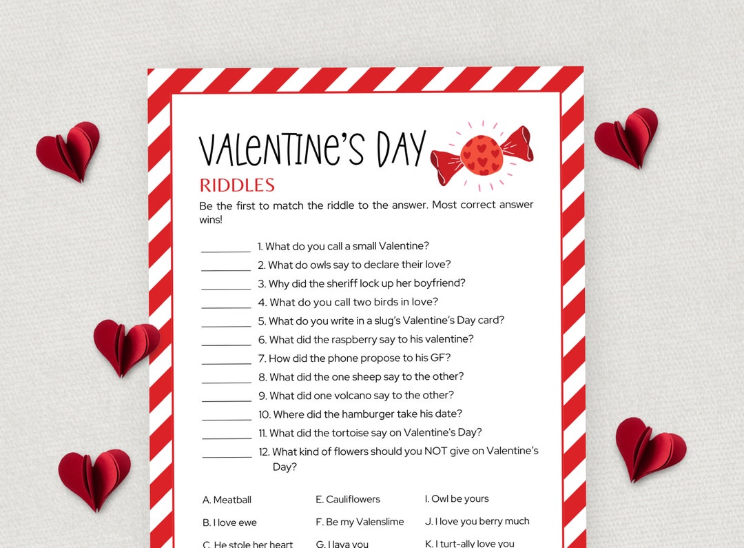 Valentine Riddles, Printable V Day Trivia, Valentines Party Game for ...