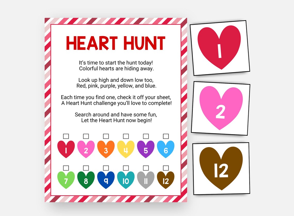 Valentines Scavenger Hunt, Hearts Hunt, Valentines Day Games, Treasure ...