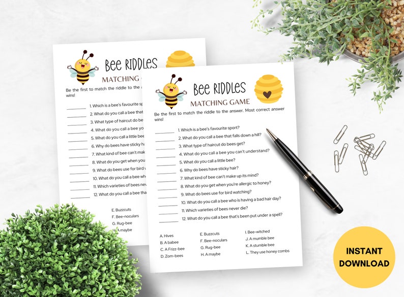 Bee Riddles, Fun Printable Party Game for Kids and Adults, Bee Theme ...
