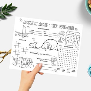 Jonah and the Whale, Printable Bible Activity Placemat, Sunday School ...