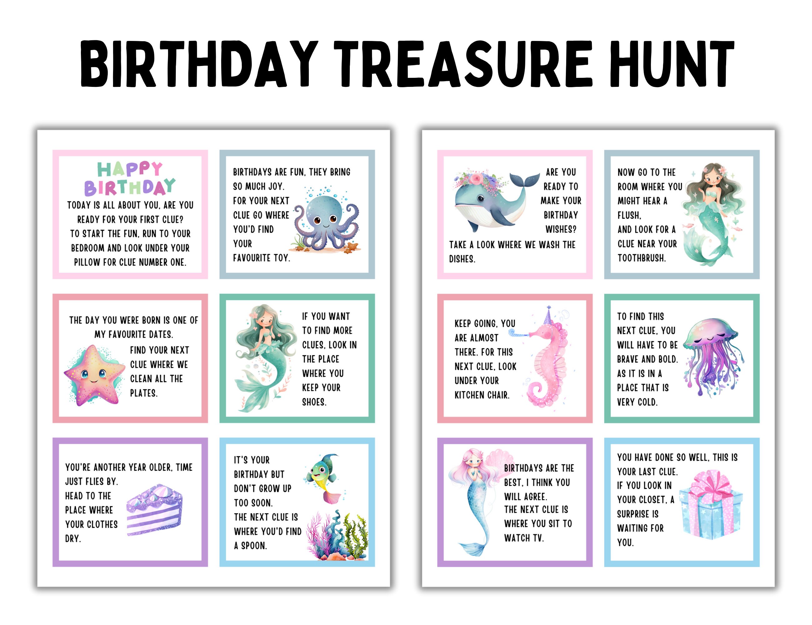 Mermaid Birthday Scavenger Hunt for Kids, Indoor Treasure Hunt Clues ...