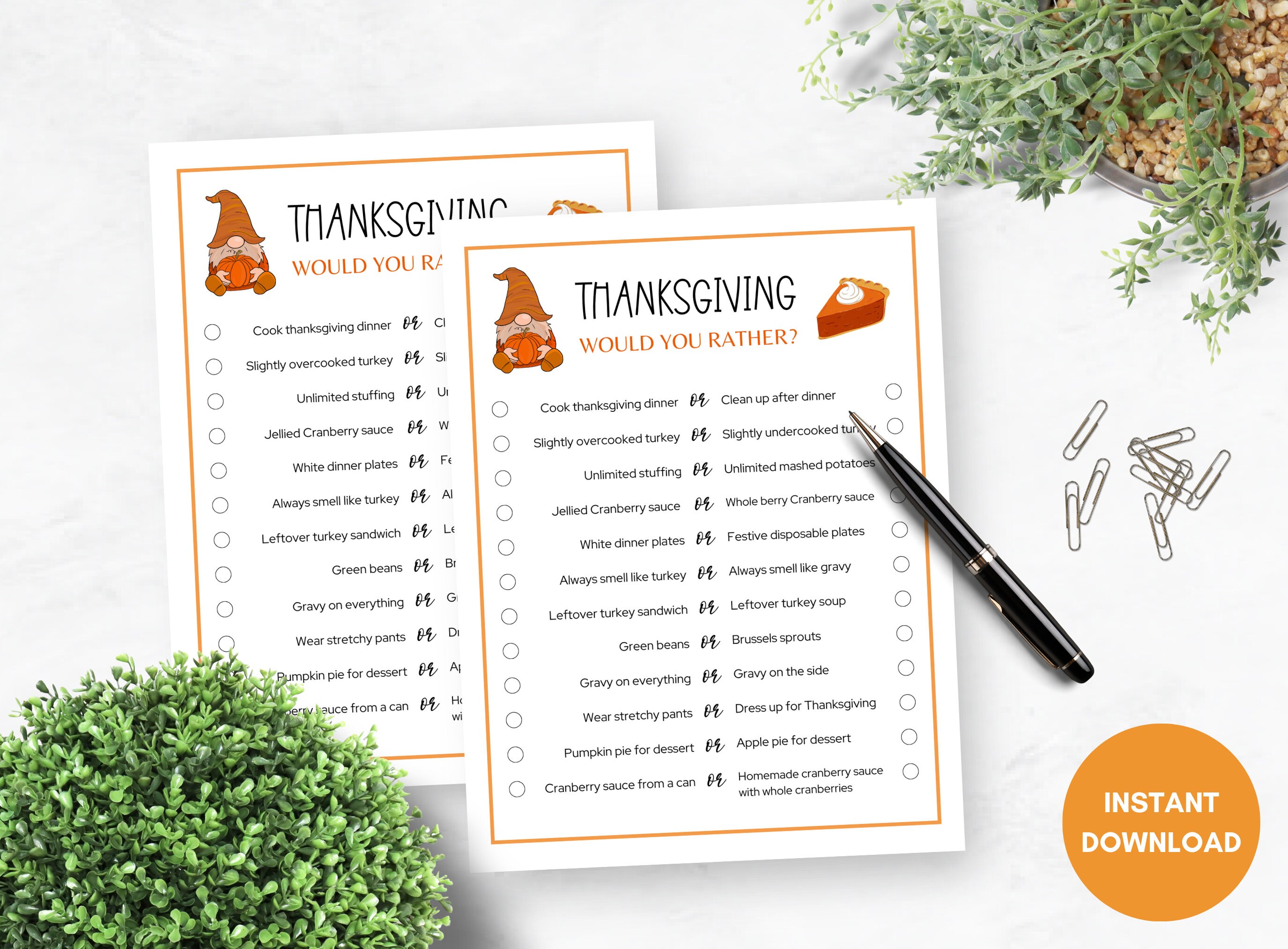 Thanksgiving Would You Rather, This or That, Printable Thanksgiving ...