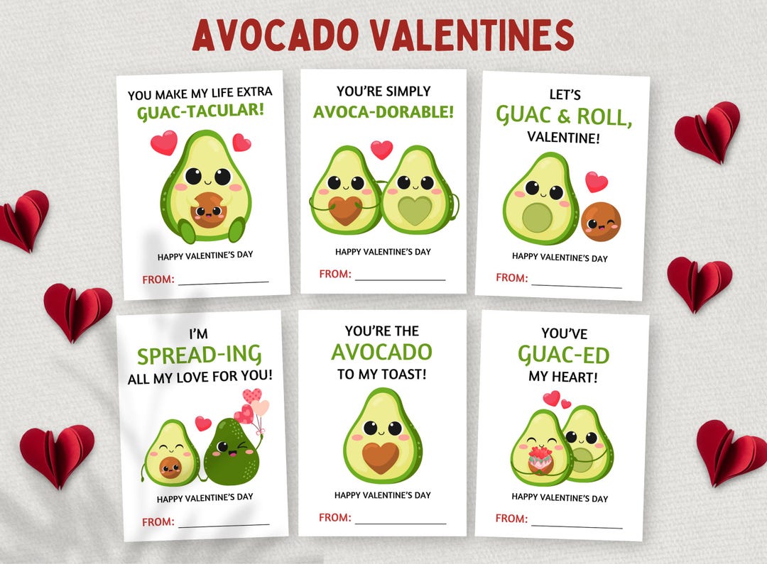 Avocado Valentine, Printable Classroom Valentines, Student Gift Tags ...