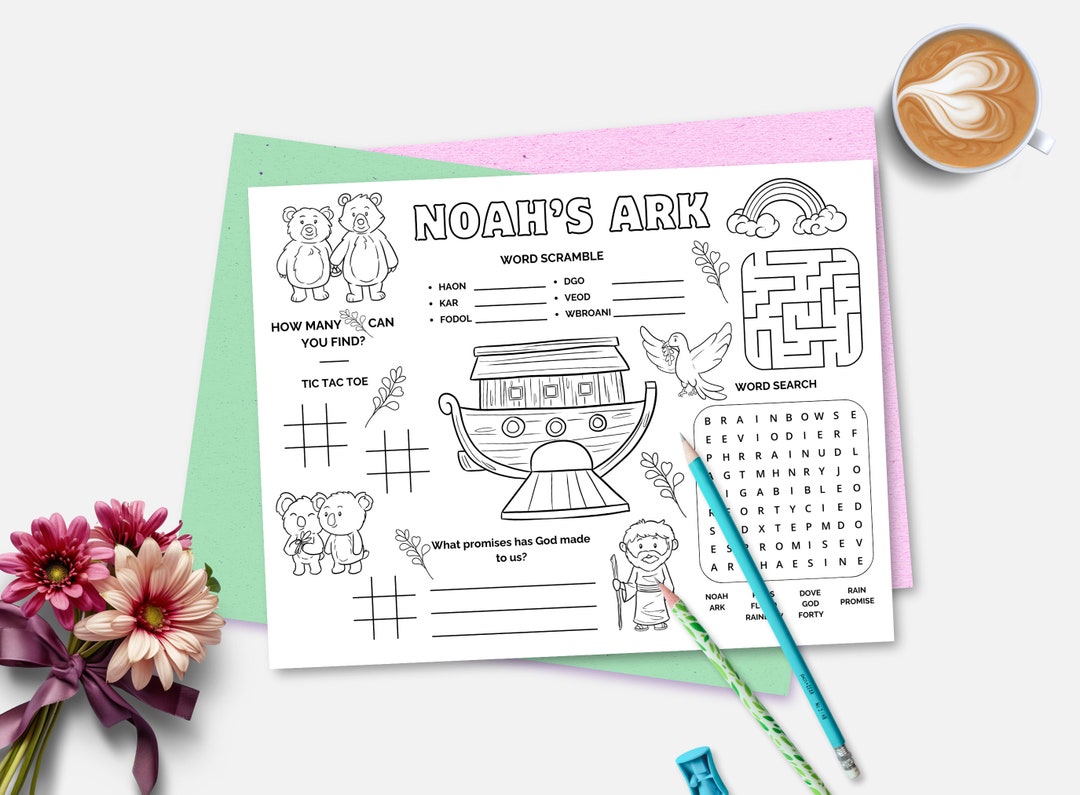 Noah's Ark, Printable Bible Activity Placemat, Sunday School, Kids ...