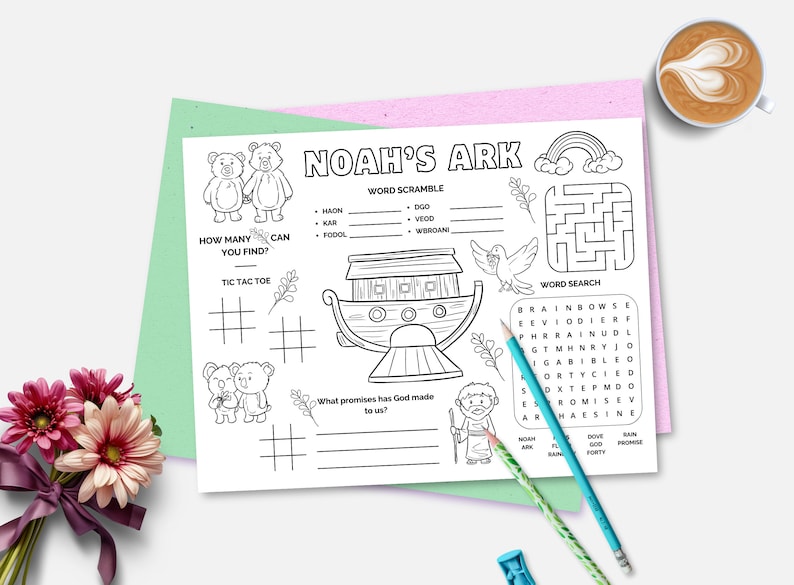 Noah's Ark, Printable Bible Activity Placemat, Sunday School, Kids ...