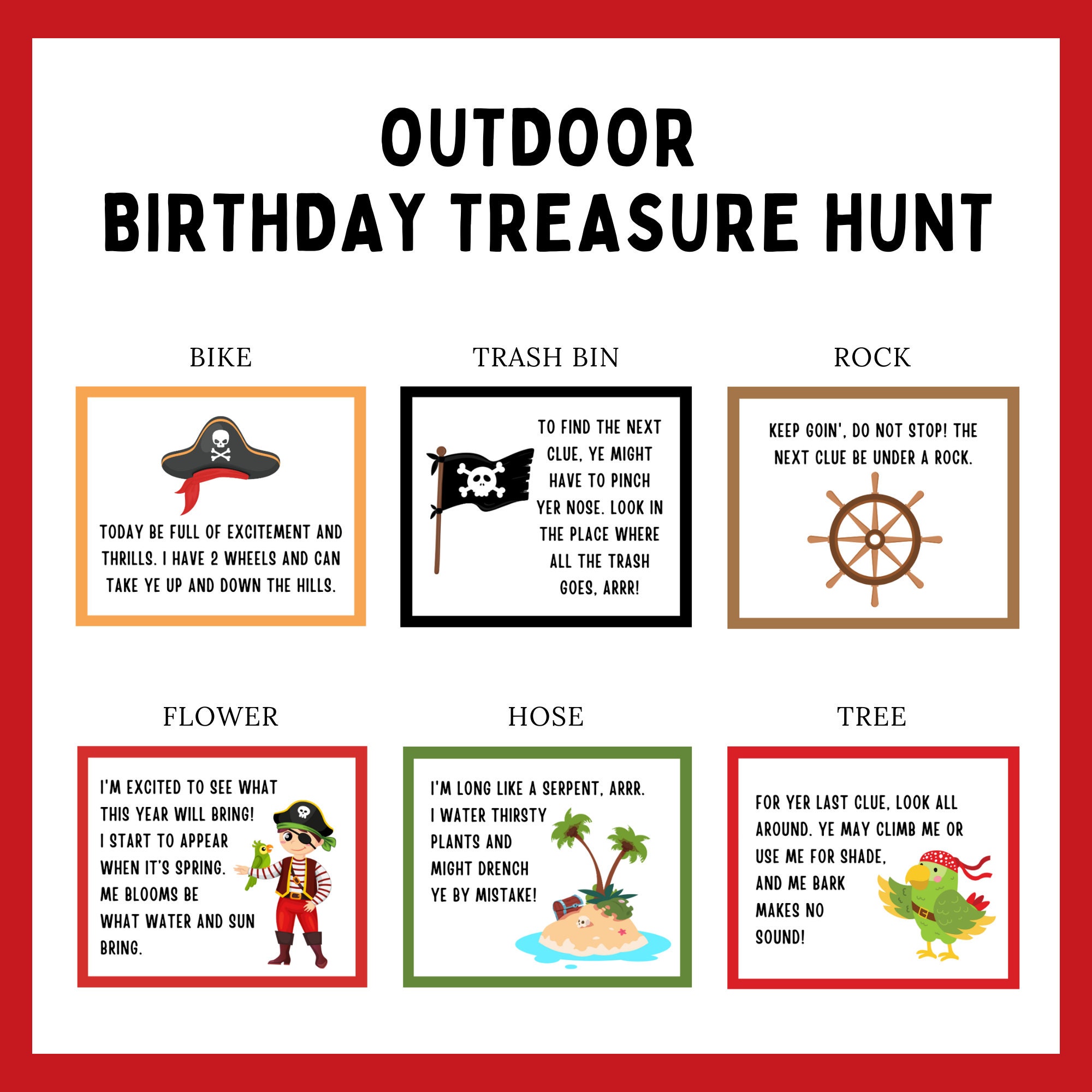 Pirate Birthday Treasure Hunt for Kids, Outdoor Scavenger Hunt Clues ...