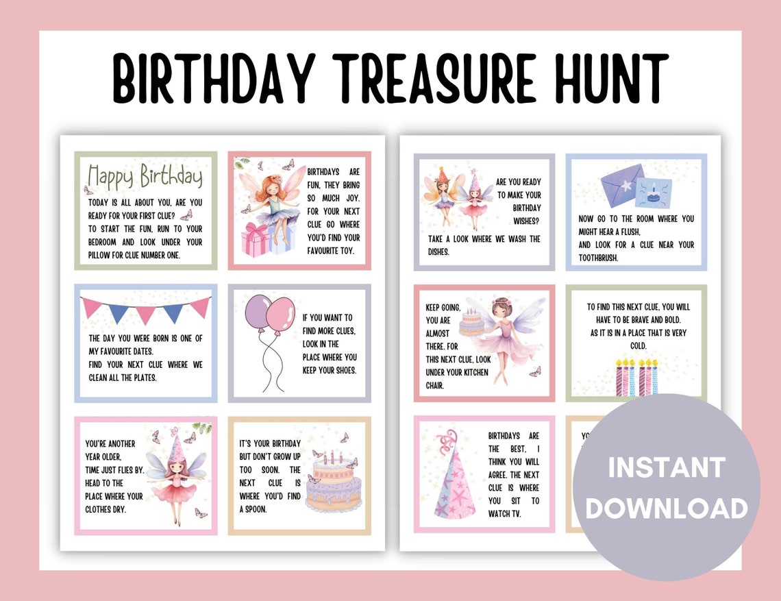 Fairy Birthday Scavenger Hunt for Kids, Indoor Treasure Hunt Clues ...