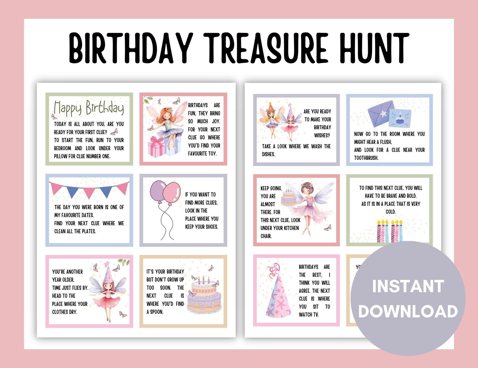 Fairy Birthday Scavenger Hunt for Kids, Indoor Treasure Hunt Clues ...