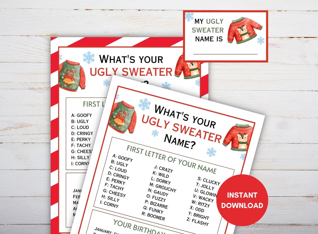 What's Your Ugly Sweater Name, Printable Christmas Party Game for Kids ...