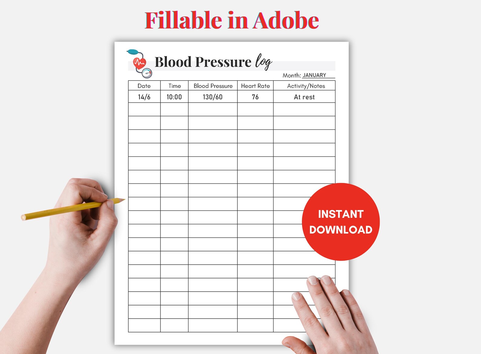Blood Pressure Log, Printable BP Tracker, Monthly Vitals Medical Chart ...