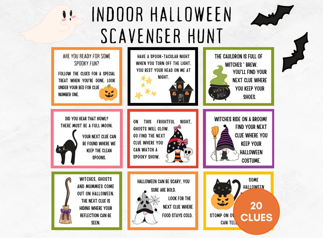 Halloween Scavenger Hunt, Indoor Treasure Hunt Clues, Printable ...
