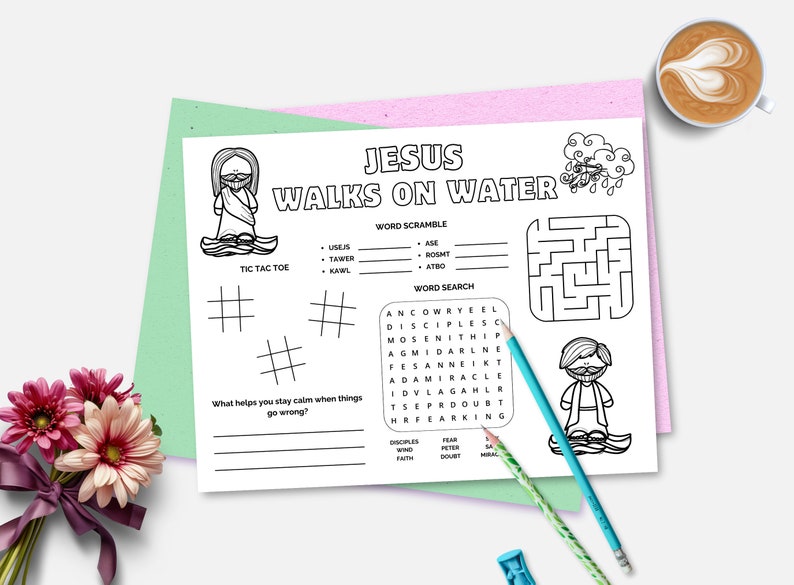 Jesus Walks on Water, Miracles of Jesus, Printable Bible Placemat ...