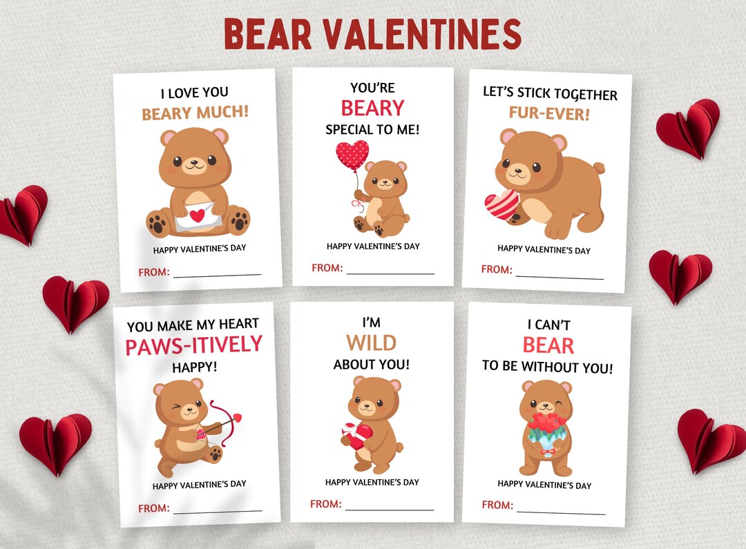 Bear Valentine, Printable Classroom Valentines, Student Gift Tags, Kids ...