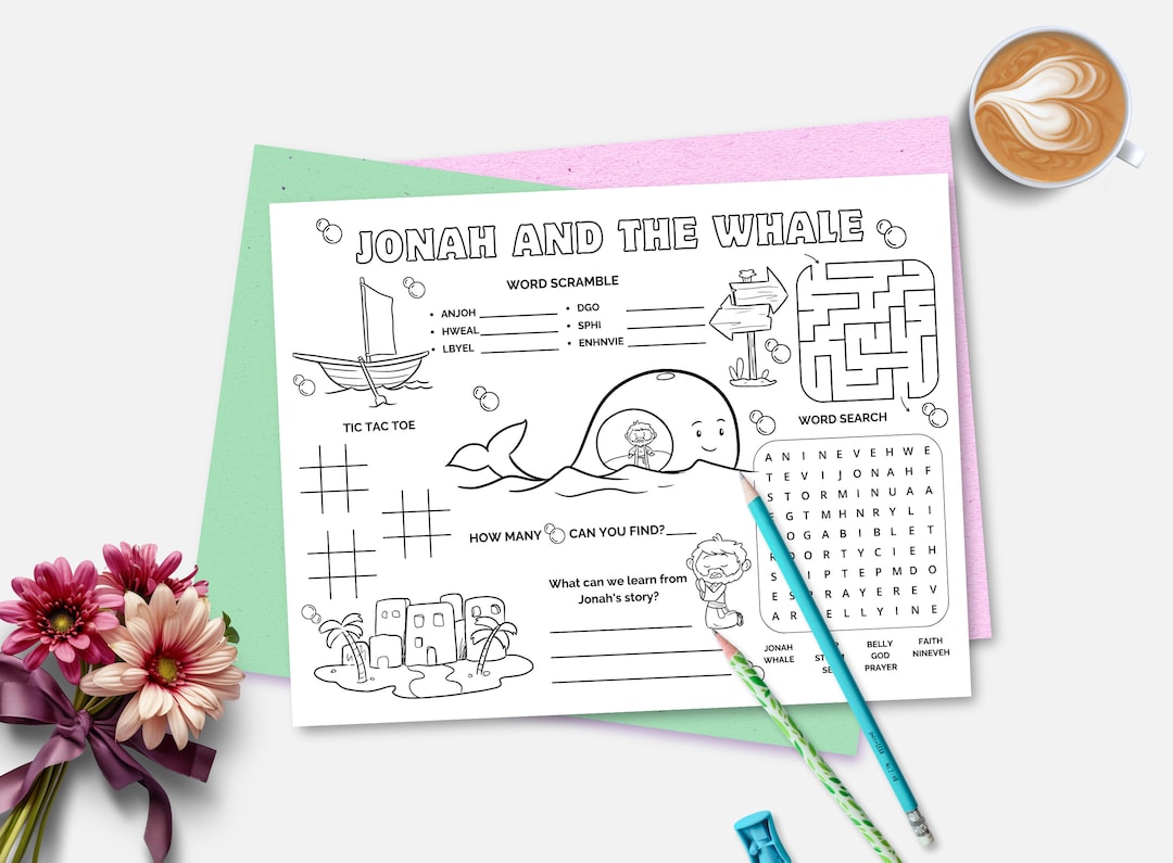 Jonah and the Whale, Printable Bible Activity Placemat, Sunday School ...