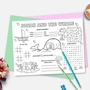 Jonah and the Whale, Printable Bible Activity Placemat, Sunday School ...
