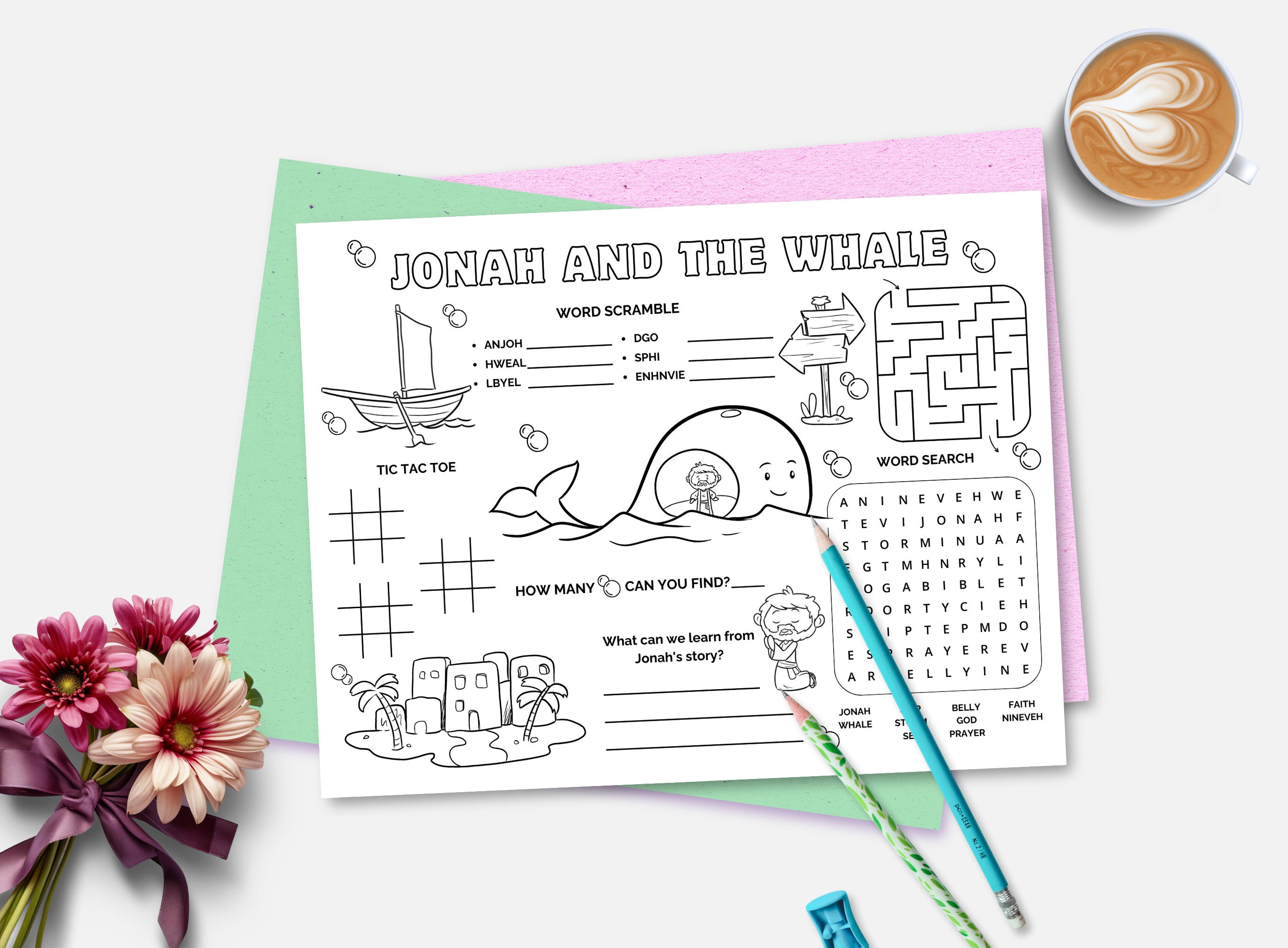 Jonah and the Whale, Printable Bible Activity Placemat, Sunday School ...