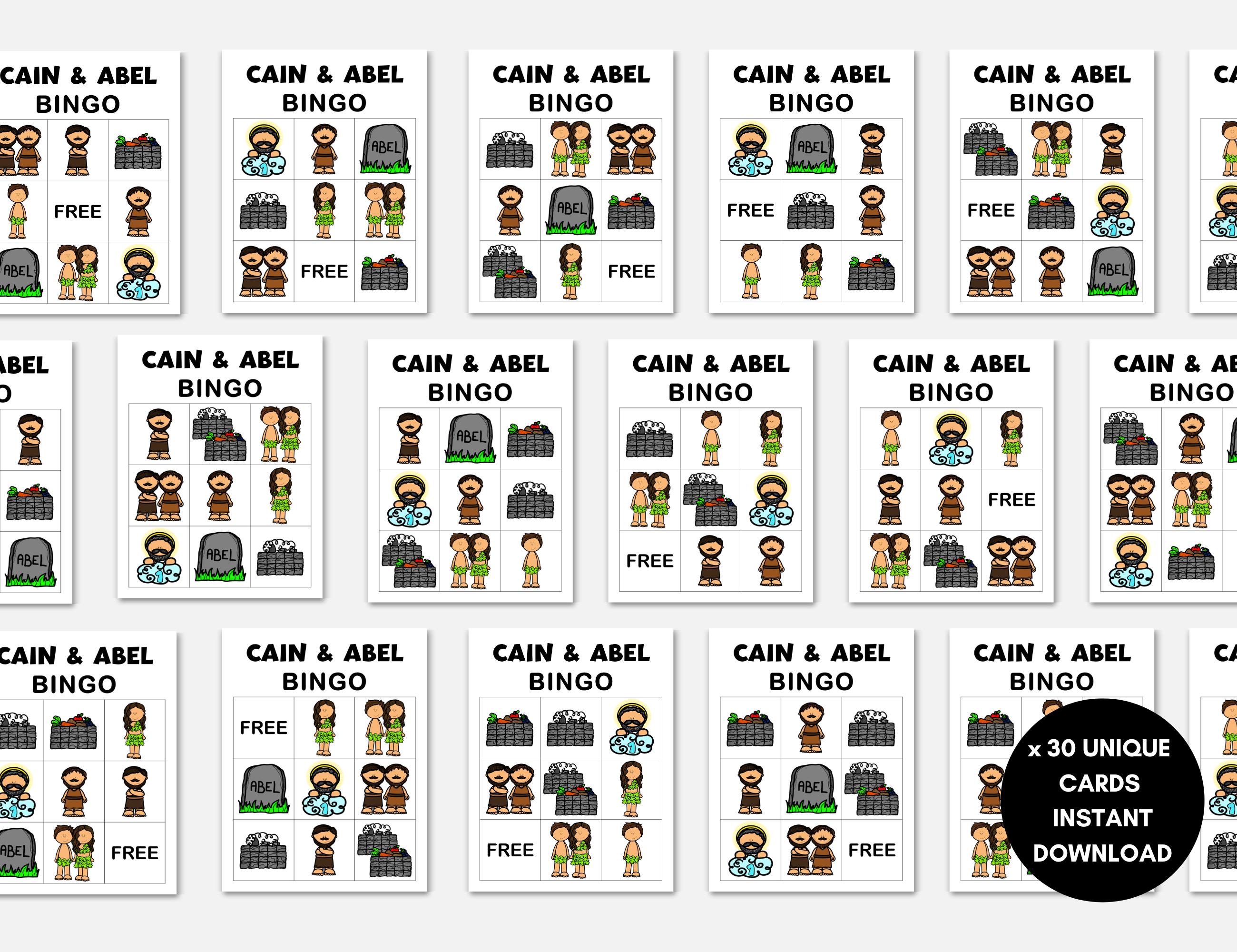 Cain and Abel, 30 Bible Story Bingo Cards, Printable Sunday School ...
