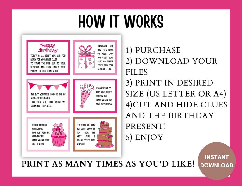 Pink Birthday Scavenger Hunt for Kids, Birthday Treasure Hunt, Indoor ...