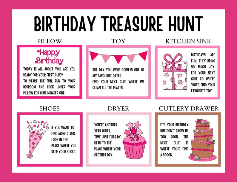 Pink Birthday Scavenger Hunt for Kids, Birthday Treasure Hunt, Indoor ...