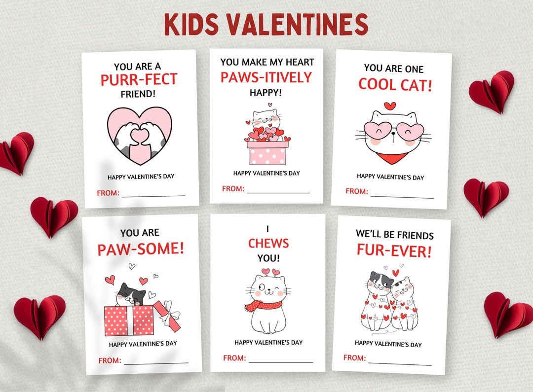 Cat Valentine Card, Fun School Valentine Gift Tags, Kids Classroom ...