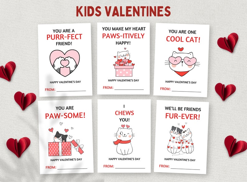 Cat Valentine Card, Fun School Valentine Gift Tags, Kids Classroom ...