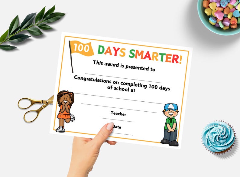 100th Day of School Certificate, Printable 100 Days Smarter Student ...