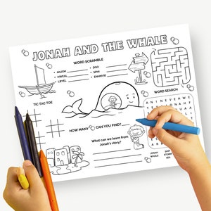 Jonah and the Whale, Printable Bible Activity Placemat, Sunday School ...