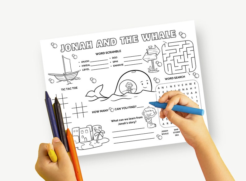 Jonah and the Whale, Printable Bible Activity Placemat, Sunday School ...