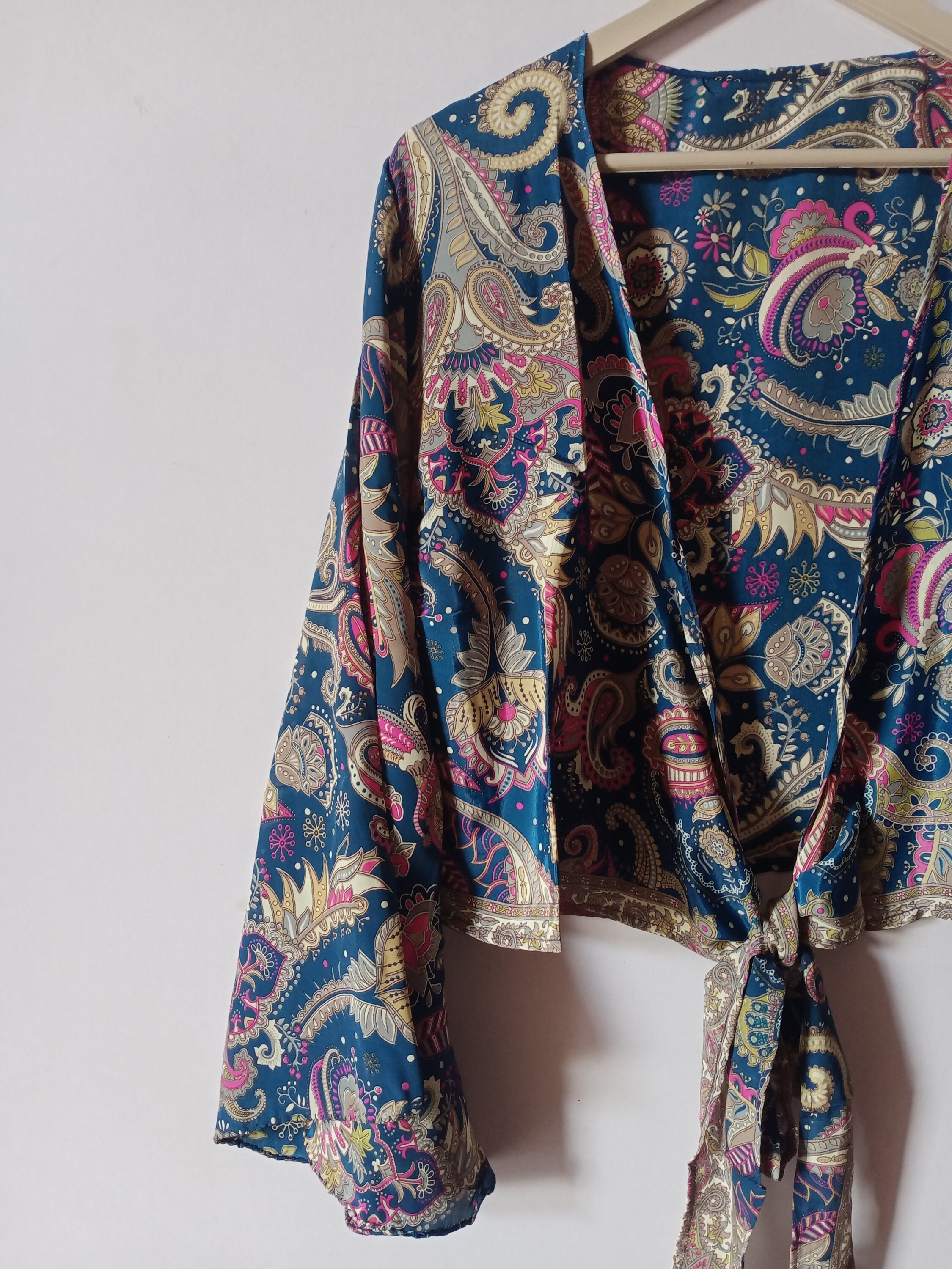 Silk Bell Sleeve Tie up Warp Top Wrap Blouse Hippie Chic Elegant Belted ...