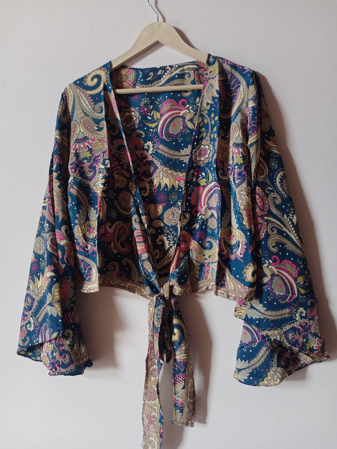 Silk Bell Sleeve Tie up Warp Top Wrap Blouse Hippie Chic Elegant Belted ...