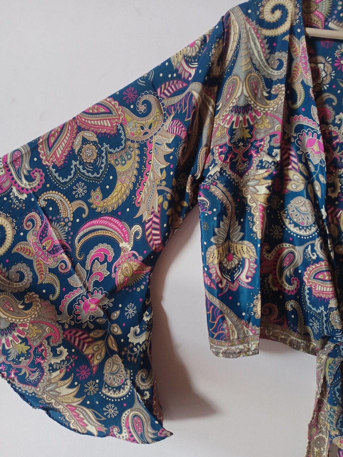 Silk Bell Sleeve Tie up Warp Top Wrap Blouse Hippie Chic Elegant Belted ...